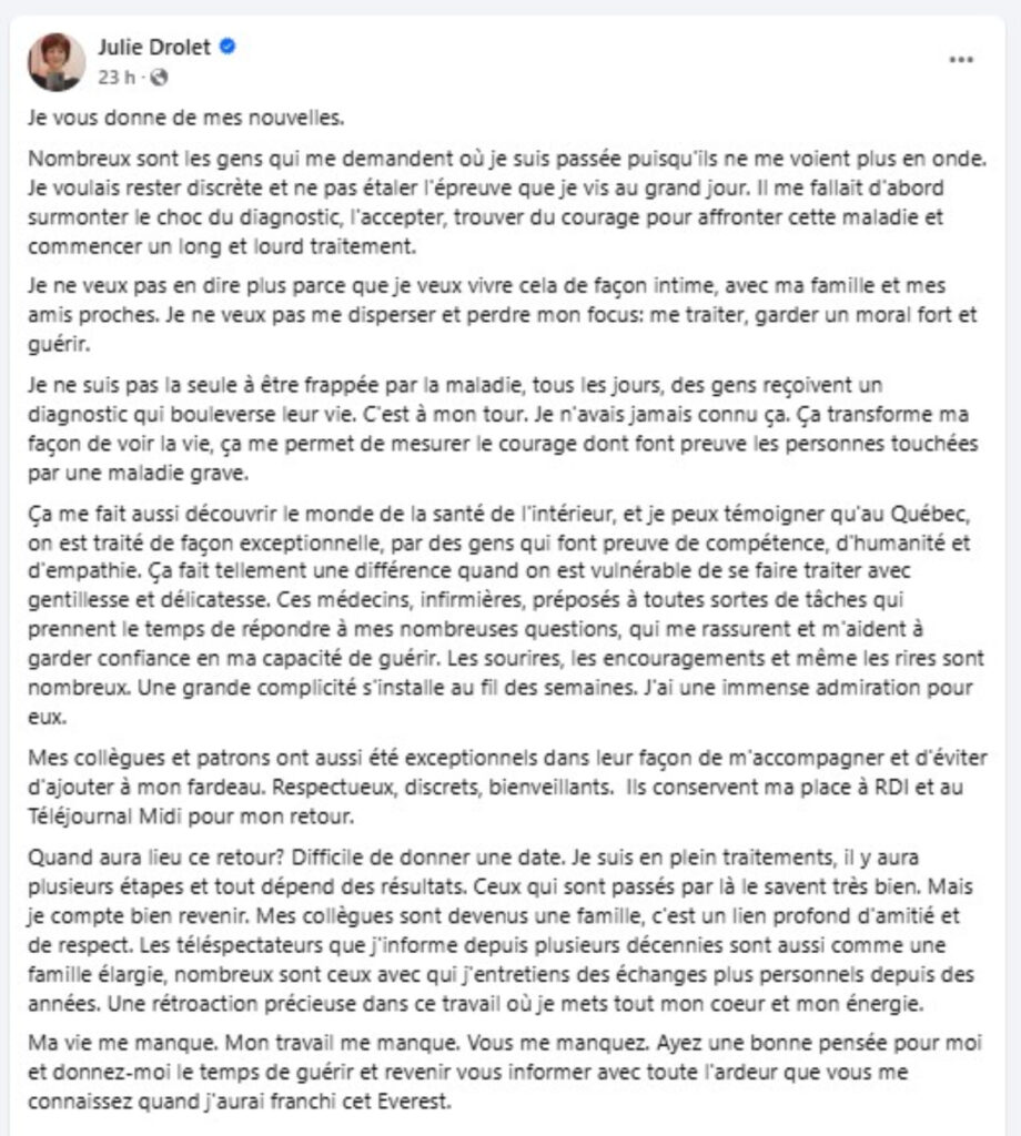 L'animatrice Julie Drolet dévoile finalement la raison de son absence à ...