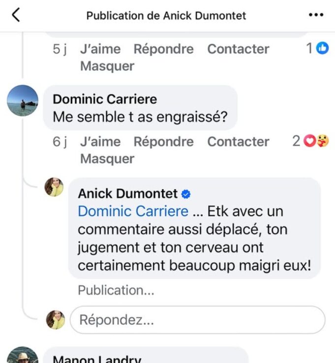 Anick Dumontet réplique à un commentaire désobligeant qu'elle vient de ...